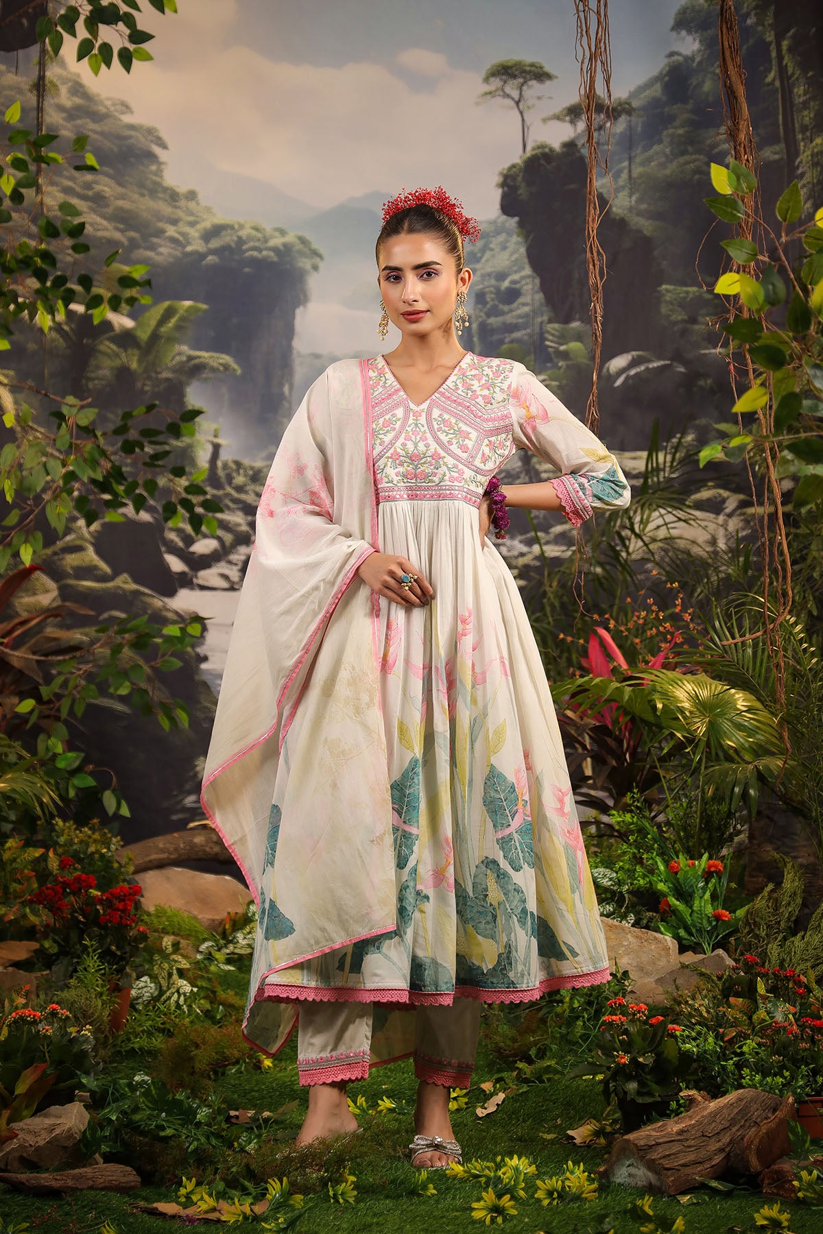 White Floral Cotton Embroidered Anarkali Suit